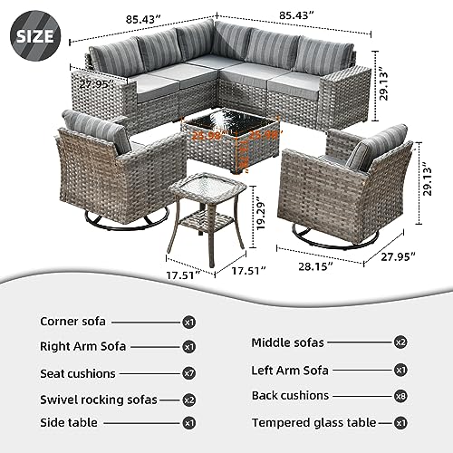 XIZZI Patio Furniture Sets Outdoor Sectional Sofa Swivel Rocking Chairs 9 PCS All Weather PE Wicker Conversation Couch with Coffee and Side Table for Backyard Deck Garden,Dark Grey Stripes