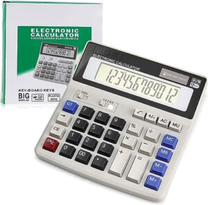 calculator, calculators large display and buttons, solar battery dual power, big button 12 digit large lcd display (white)