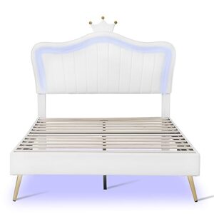 LED Full Bed Frame, Upholstered Platform Bed with Crown Headboard, Modern Faux Leather Princess Beds with Light for Kids Girls Boys Teens, No Box Spring Needed, White