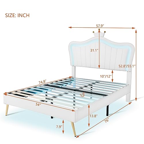 LED Full Bed Frame, Upholstered Platform Bed with Crown Headboard, Modern Faux Leather Princess Beds with Light for Kids Girls Boys Teens, No Box Spring Needed, White