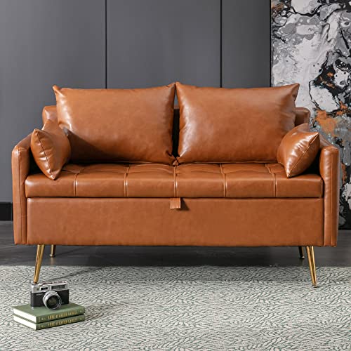 DM Furniture 53" Faux Leather Loveseat with Storage, Modern Button Tufted Mini Sofa Couches for Living Room/Bedroom/Office/End of Bed, PU Brown