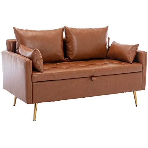 DM Furniture 53" Faux Leather Loveseat with Storage, Modern Button Tufted Mini Sofa Couches for Living Room/Bedroom/Office/End of Bed, PU Brown