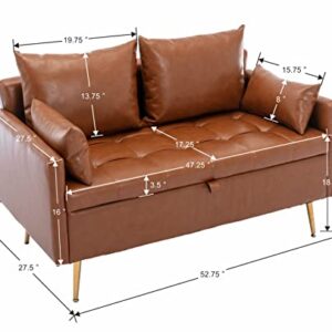 DM Furniture 53" Faux Leather Loveseat with Storage, Modern Button Tufted Mini Sofa Couches for Living Room/Bedroom/Office/End of Bed, PU Brown