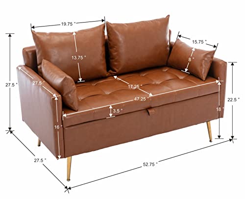 DM Furniture 53" Faux Leather Loveseat with Storage, Modern Button Tufted Mini Sofa Couches for Living Room/Bedroom/Office/End of Bed, PU Brown