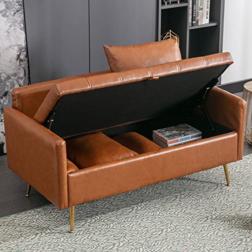 DM Furniture 53" Faux Leather Loveseat with Storage, Modern Button Tufted Mini Sofa Couches for Living Room/Bedroom/Office/End of Bed, PU Brown