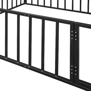 WADRI Metal Floor Bed Frame with Fence-Shaped Safety Guardrails and Door, Queen Size Floor Bed, Montessori Bed Platform Bed Frame for Kids Boys Girls Bedroom (Black + Metal-11)