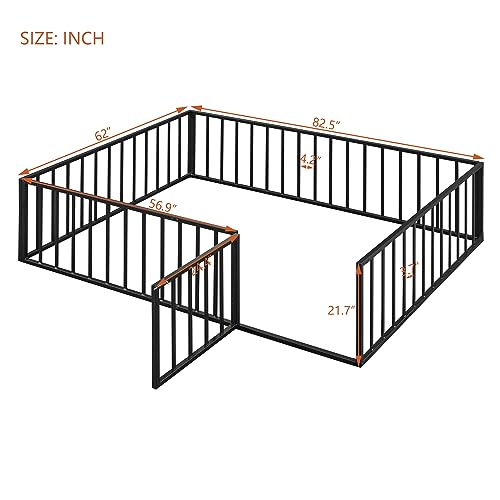 WADRI Metal Floor Bed Frame with Fence-Shaped Safety Guardrails and Door, Queen Size Floor Bed, Montessori Bed Platform Bed Frame for Kids Boys Girls Bedroom (Black + Metal-11)