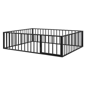 WADRI Metal Floor Bed Frame with Fence-Shaped Safety Guardrails and Door, Queen Size Floor Bed, Montessori Bed Platform Bed Frame for Kids Boys Girls Bedroom (Black + Metal-11)