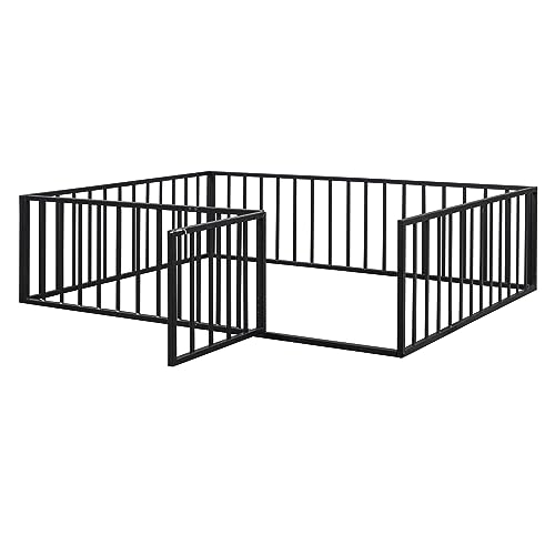 WADRI Metal Floor Bed Frame with Fence-Shaped Safety Guardrails and Door, Queen Size Floor Bed, Montessori Bed Platform Bed Frame for Kids Boys Girls Bedroom (Black + Metal-11)