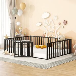 WADRI Metal Floor Bed Frame with Fence-Shaped Safety Guardrails and Door, Queen Size Floor Bed, Montessori Bed Platform Bed Frame for Kids Boys Girls Bedroom (Black + Metal-11)