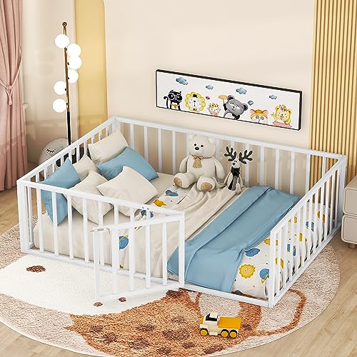 SIYSNKSI Full Size Floor Bed with Fence and Door, Metal Floor Bed Frame, Montessori Bed Platform Bed Frame for Kids Boys Girls, Easy Assembly (White + Metal-2)