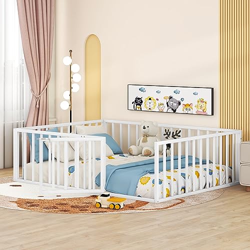 SIYSNKSI Full Size Floor Bed with Fence and Door, Metal Floor Bed Frame, Montessori Bed Platform Bed Frame for Kids Boys Girls, Easy Assembly (White + Metal-2)