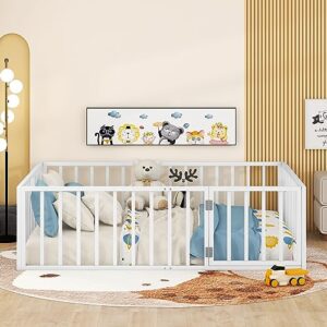 SIYSNKSI Full Size Floor Bed with Fence and Door, Metal Floor Bed Frame, Montessori Bed Platform Bed Frame for Kids Boys Girls, Easy Assembly (White + Metal-2)