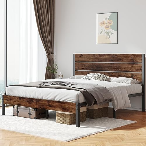 Fluest Queen Bed Frame with Headboard and Footboard, Metal Queen Bed Frame with Under Bed Storage, All-Metal Support System, No Box Spring Needed, Easy Assembly,Rustic Brown