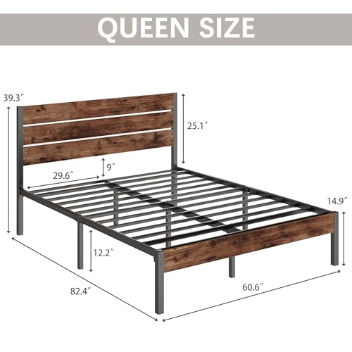 Fluest Queen Bed Frame with Headboard and Footboard, Metal Queen Bed Frame with Under Bed Storage, All-Metal Support System, No Box Spring Needed, Easy Assembly,Rustic Brown