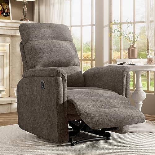 Koorlian Electric Power Recliner Chair, Fabric Recliner for Adults with USB Ports, Adjustable Reclining Sofa with Padded Seat Backrest, Single Small Home Theater Recliner for Living Room, Brown