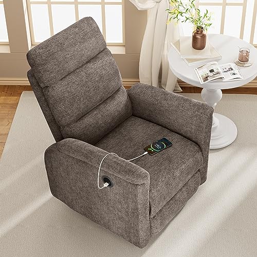 Koorlian Electric Power Recliner Chair, Fabric Recliner for Adults with USB Ports, Adjustable Reclining Sofa with Padded Seat Backrest, Single Small Home Theater Recliner for Living Room, Brown