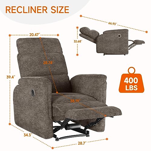 Koorlian Electric Power Recliner Chair, Fabric Recliner for Adults with USB Ports, Adjustable Reclining Sofa with Padded Seat Backrest, Single Small Home Theater Recliner for Living Room, Brown