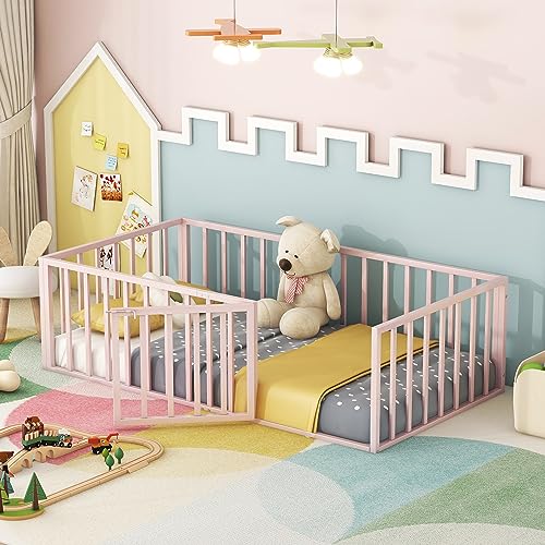 SIYSNKSI Twin Size Floor Bed with Fence and Door, Metal Floor Bed Frame, Montessori Bed Platform Bed Frame for Kids Boys Girls, Easy Assembly (Pink + Metal-3)