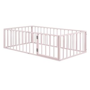 SIYSNKSI Twin Size Floor Bed with Fence and Door, Metal Floor Bed Frame, Montessori Bed Platform Bed Frame for Kids Boys Girls, Easy Assembly (Pink + Metal-3)