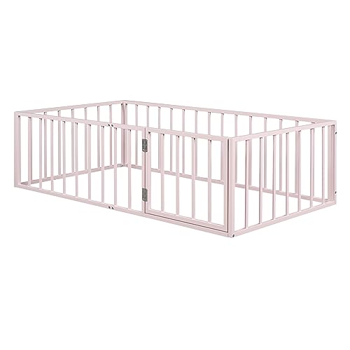 SIYSNKSI Twin Size Floor Bed with Fence and Door, Metal Floor Bed Frame, Montessori Bed Platform Bed Frame for Kids Boys Girls, Easy Assembly (Pink + Metal-3)