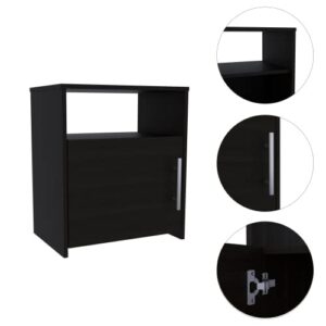 Nightstand, One Shelf, Single Door Cabinet, Metal Handle -Black