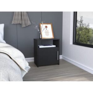 Nightstand, One Shelf, Single Door Cabinet, Metal Handle -Black