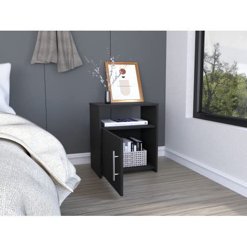 Nightstand, One Shelf, Single Door Cabinet, Metal Handle -Black