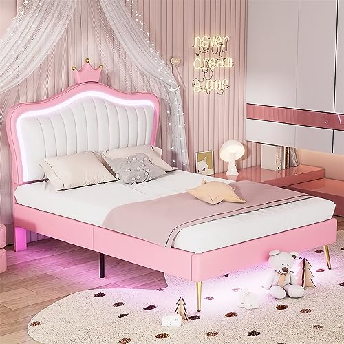 TURRIDU Full Size Bed Frame, PU Leather Upholstered Platform Bed with LED Lights and Crown Headboard, Luxury Upholstered Bed for Boys Girls, White+Pink