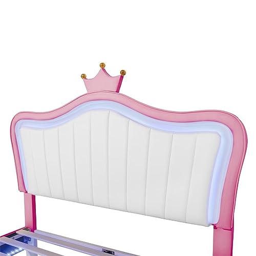 TURRIDU Full Size Bed Frame, PU Leather Upholstered Platform Bed with LED Lights and Crown Headboard, Luxury Upholstered Bed for Boys Girls, White+Pink