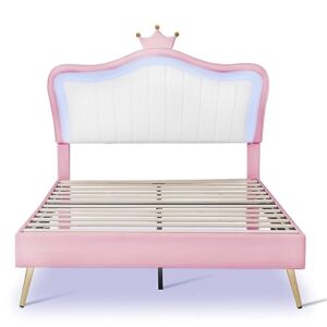 TURRIDU Full Size Bed Frame, PU Leather Upholstered Platform Bed with LED Lights and Crown Headboard, Luxury Upholstered Bed for Boys Girls, White+Pink