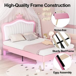 TURRIDU Full Size Bed Frame, PU Leather Upholstered Platform Bed with LED Lights and Crown Headboard, Luxury Upholstered Bed for Boys Girls, White+Pink