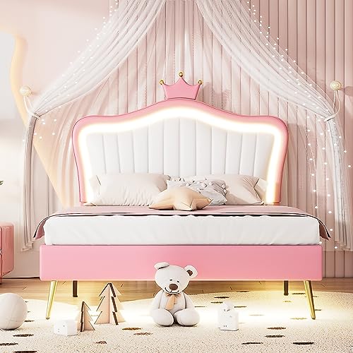 Upholstered Princess Bed Platform Bed, Full Size Fun Cute Bed Frame with Adjustable Crown Shaped Headboard and LED Lights, Kids Bedroom Furniture Princess Bed Upholstered Bed (White + Pink)