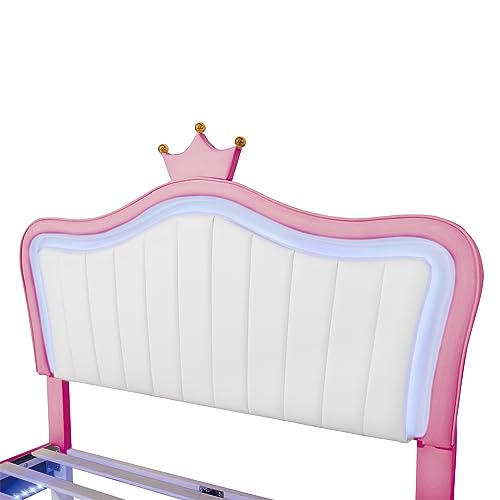 Upholstered Princess Bed Platform Bed, Full Size Fun Cute Bed Frame with Adjustable Crown Shaped Headboard and LED Lights, Kids Bedroom Furniture Princess Bed Upholstered Bed (White + Pink)