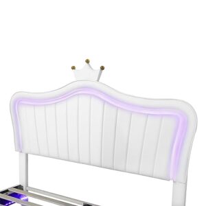 Upholstered Princess Bed Platform Bed, Queen Size Fun Cute Bed Frame with Adjustable Crown Shaped Headboard and LED Lights, Kids Bedroom Furniture Princess Bed Upholstered Bed (White)