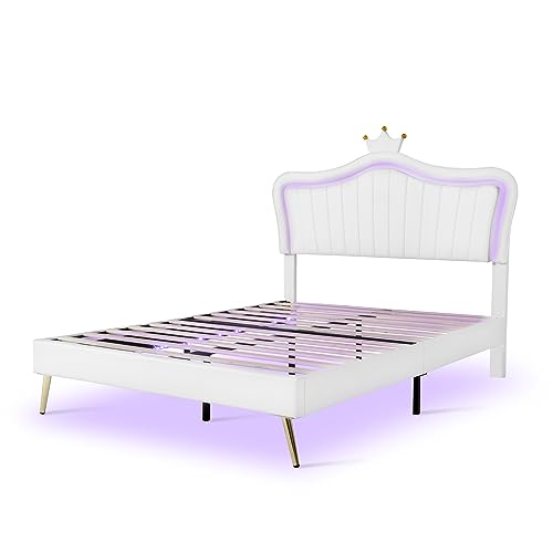 Upholstered Princess Bed Platform Bed, Queen Size Fun Cute Bed Frame with Adjustable Crown Shaped Headboard and LED Lights, Kids Bedroom Furniture Princess Bed Upholstered Bed (White)