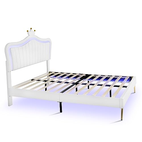 Upholstered Princess Bed Platform Bed, Queen Size Fun Cute Bed Frame with Adjustable Crown Shaped Headboard and LED Lights, Kids Bedroom Furniture Princess Bed Upholstered Bed (White)