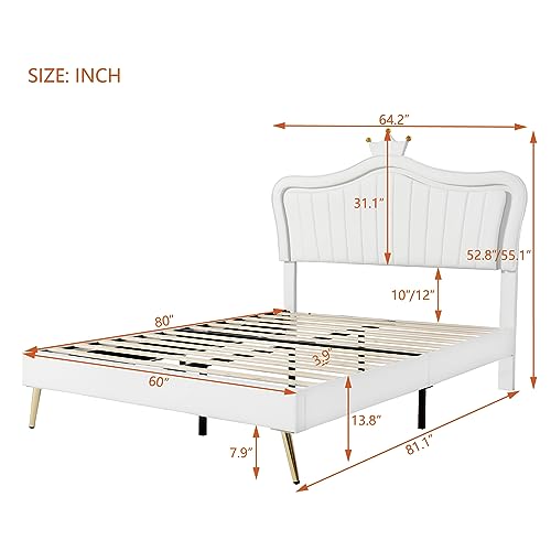 Upholstered Princess Bed Platform Bed, Queen Size Fun Cute Bed Frame with Adjustable Crown Shaped Headboard and LED Lights, Kids Bedroom Furniture Princess Bed Upholstered Bed (White)