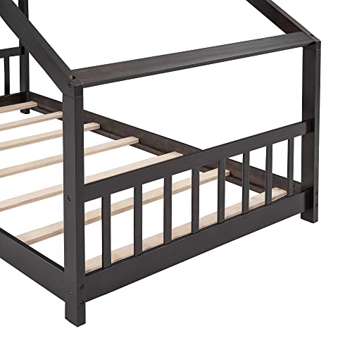 DEYOBED Twin House Bed for Kids - Wood Montessori Design with Headboard, Footboard - Espresso Finish, No Box Spring Needed