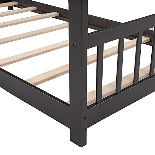 DEYOBED Twin House Bed for Kids - Wood Montessori Design with Headboard, Footboard - Espresso Finish, No Box Spring Needed