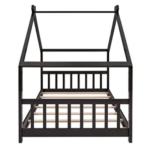 DEYOBED Twin House Bed for Kids - Wood Montessori Design with Headboard, Footboard - Espresso Finish, No Box Spring Needed