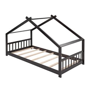 DEYOBED Twin House Bed for Kids - Wood Montessori Design with Headboard, Footboard - Espresso Finish, No Box Spring Needed