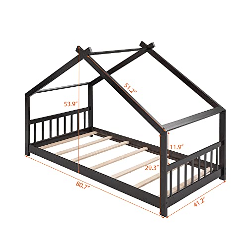 DEYOBED Twin House Bed for Kids - Wood Montessori Design with Headboard, Footboard - Espresso Finish, No Box Spring Needed