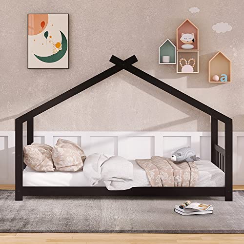 DEYOBED Twin House Bed for Kids - Wood Montessori Design with Headboard, Footboard - Espresso Finish, No Box Spring Needed