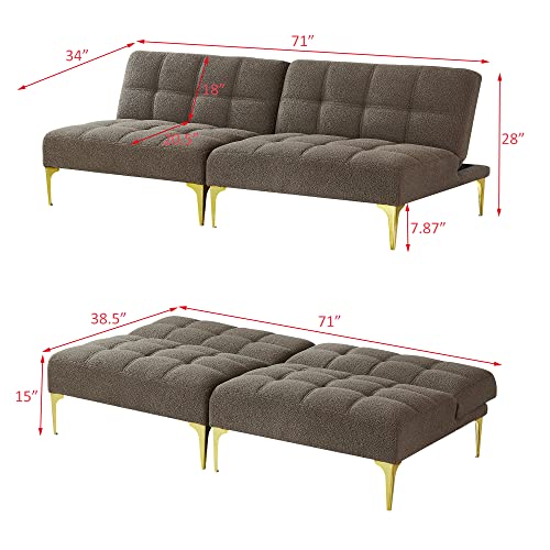 TARTOP Futon Couch Gold Metal Legs, Modern Multi-Functional Convertible Bed, Teddy Fabric, Small Sectional Sofa, Perfect for Living Room, Bedroom, Office, Apartment,Taupe