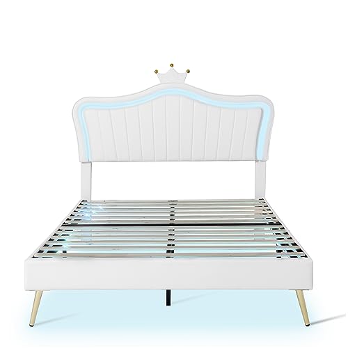 YSWH Queen Size Upholstered Princess Bed, Platform Bed Frame with Adjustable Crown Shaped Headboard and LED Lights, Fun Cute Bed Princess Bed for Kids, Bedroom Furniture Upholstered Bed (White)