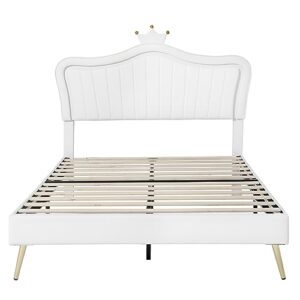 YSWH Queen Size Upholstered Princess Bed, Platform Bed Frame with Adjustable Crown Shaped Headboard and LED Lights, Fun Cute Bed Princess Bed for Kids, Bedroom Furniture Upholstered Bed (White)