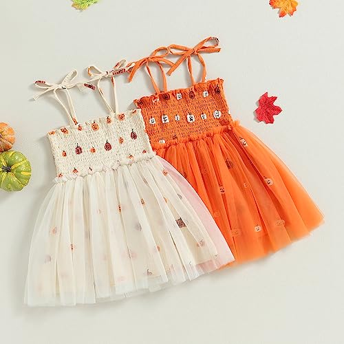 Toddler Baby Girl Halloween Outfit Cotton Linen Sleeveless Pumpkin Print Smocked Strap Tulle Tutu A-line Dress (3-4T,Beige)