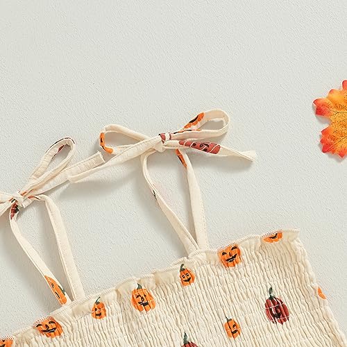 Toddler Baby Girl Halloween Outfit Cotton Linen Sleeveless Pumpkin Print Smocked Strap Tulle Tutu A-line Dress (3-4T,Beige)