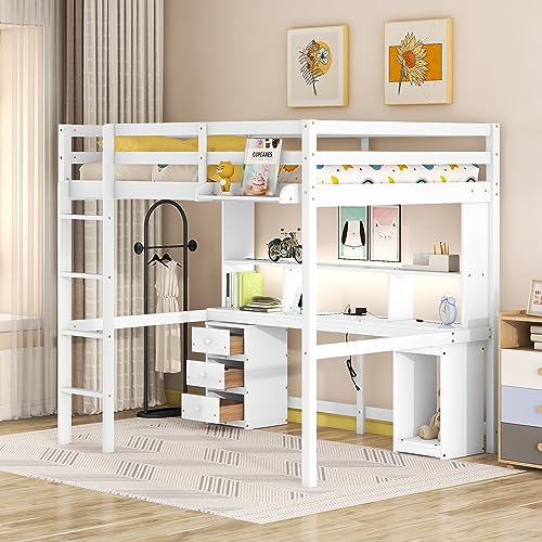 CITYLIGHT Full Loft Bed with Desk,Wood Full Size Loft Bed with Storage Shelves,Drawers and Cabinet, Loft Bed Full with Charging Station,LED Light and Bedside Tray for Kids Boys Girls,White